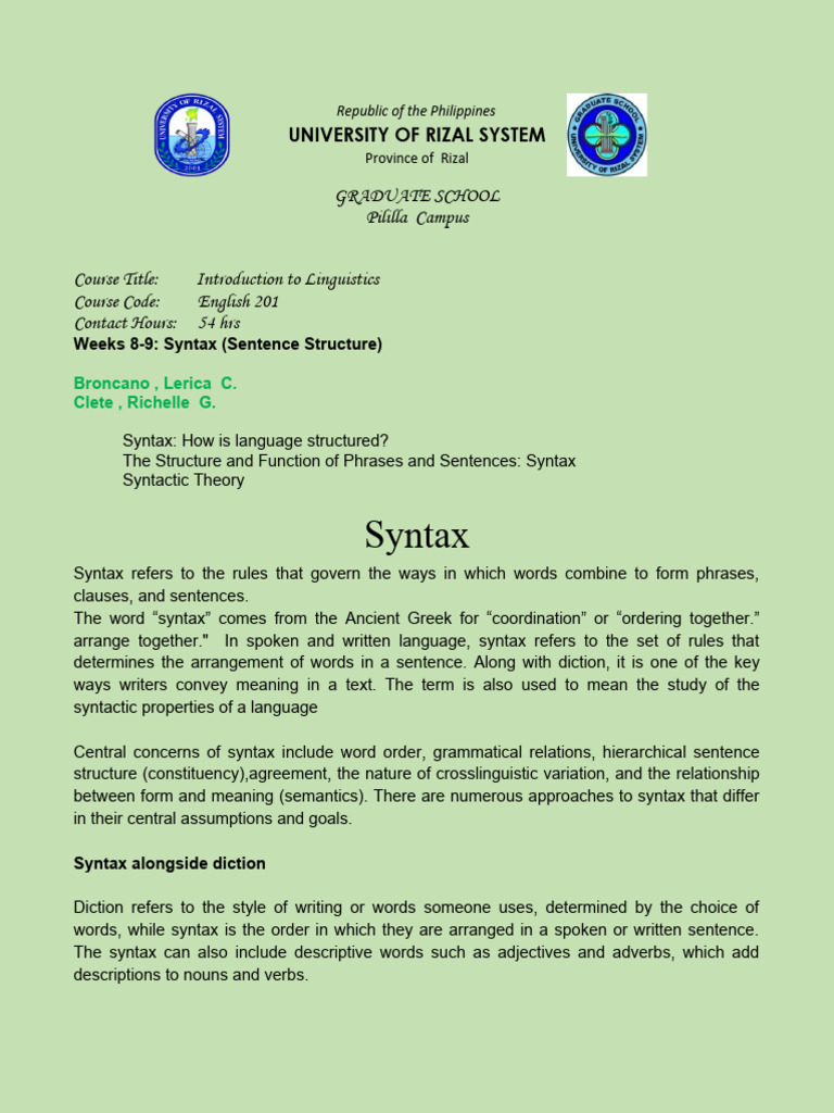 Eng-201 GSPil SYNTAX Sept-10 | PDF | Syntax | Phrase
