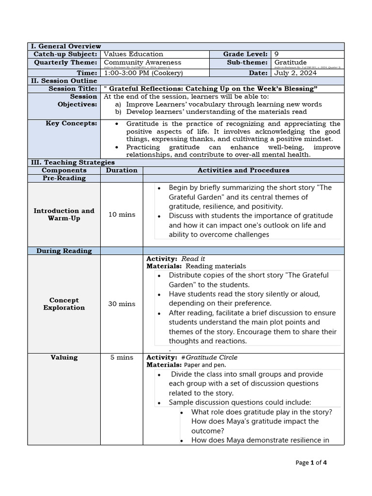 Catchup March 8 Values Grade 9 | PDF | Gratitude | Psychological Resilience