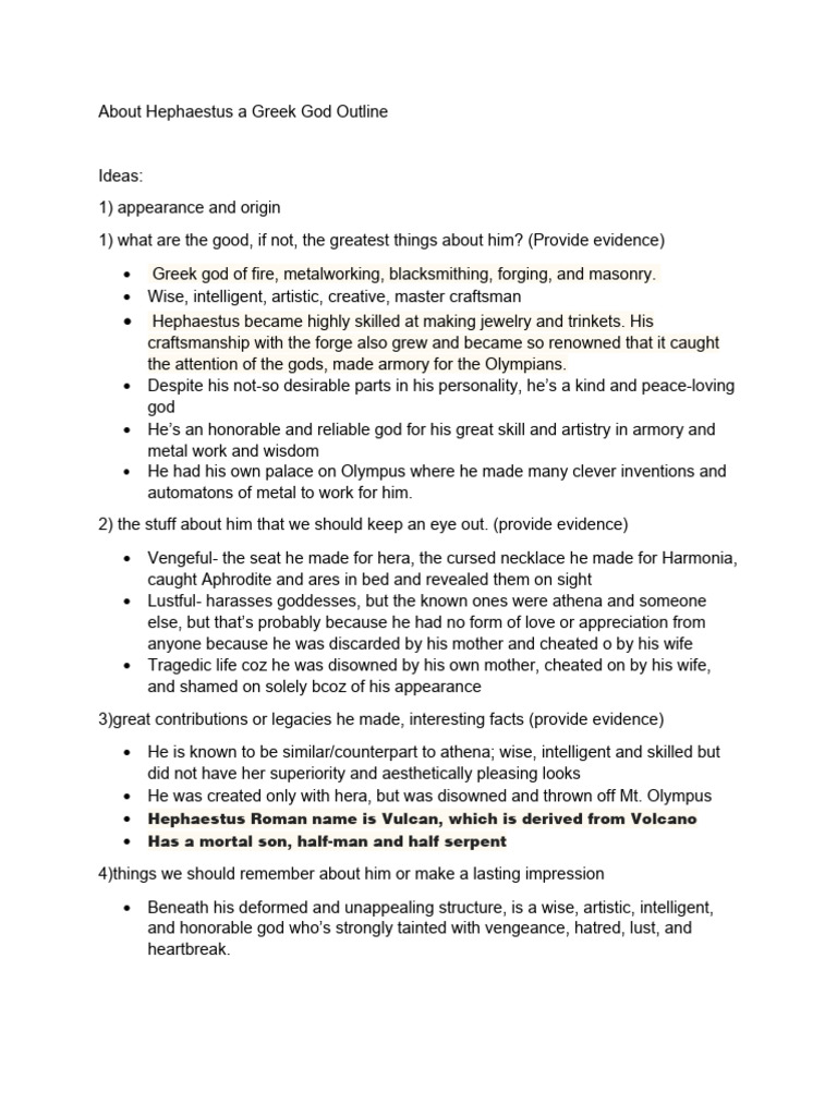 About Hephaestus A Greek God Outline | PDF | Twelve Olympians | Athena