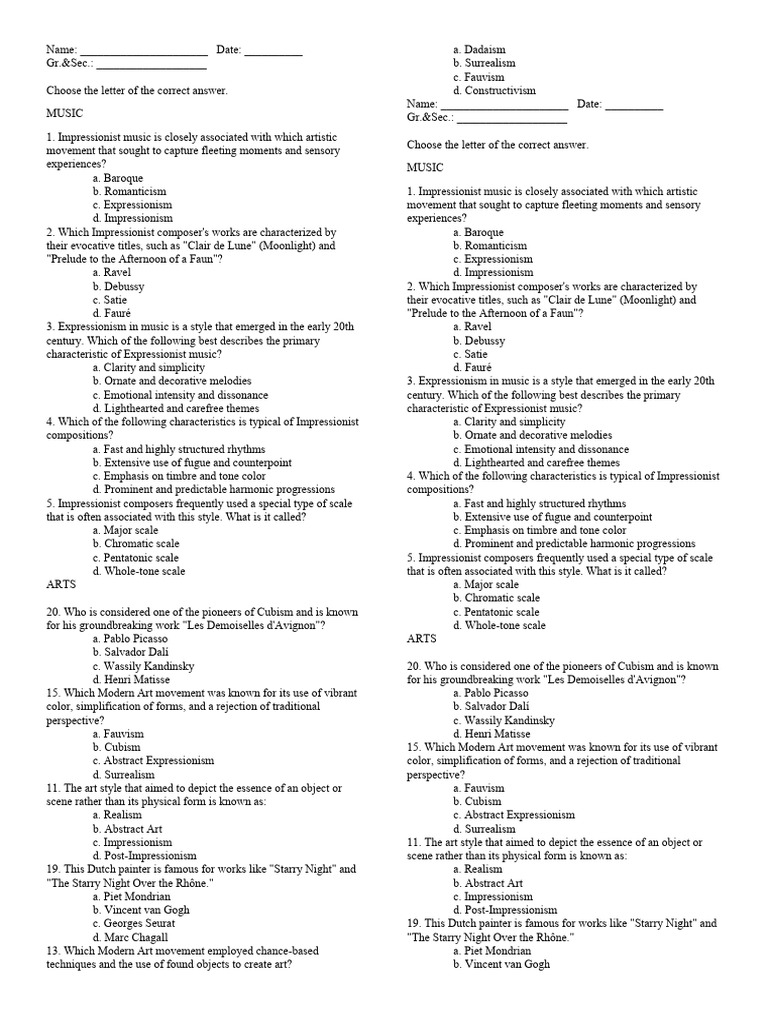 SUMMATIVE MAPEH10 | PDF | Abstract Art | Modern Art