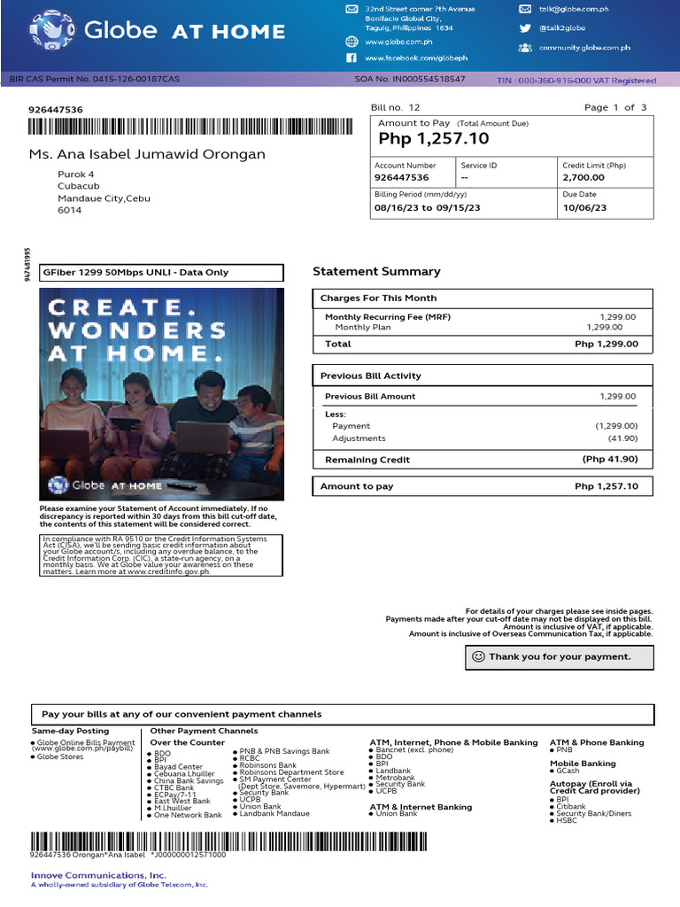 Globe Fiber Bill Summary for Ana Isabel | PDF | Value Added Tax ...