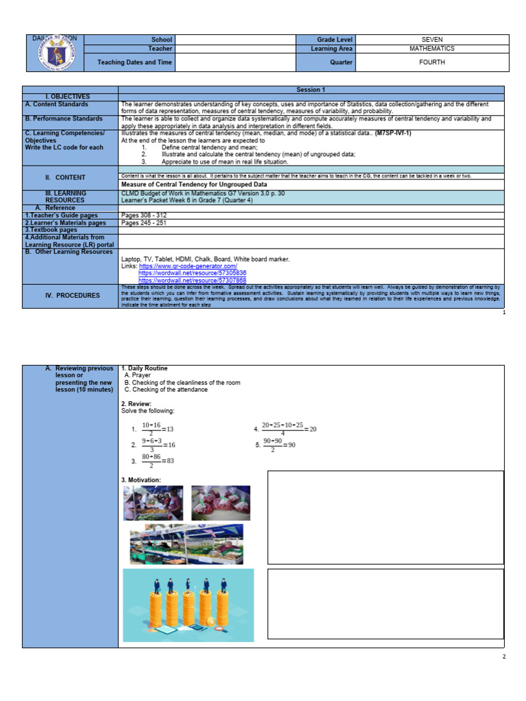 GRADE-7-DLL-INSET-OUTPUT-copy | PDF | Mean | Learning