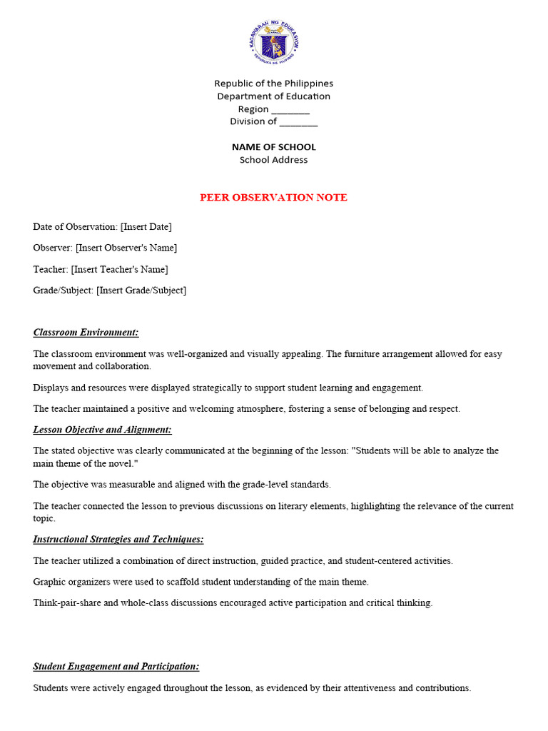 Peer Observation Note - Sample | PDF | Classroom Management | Teachers