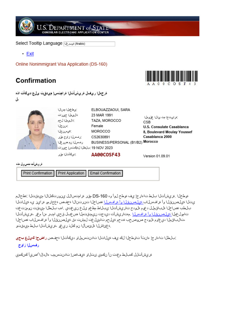 Confirmation: Online Nonimmigrant Visa Application (DS-160) | PDF