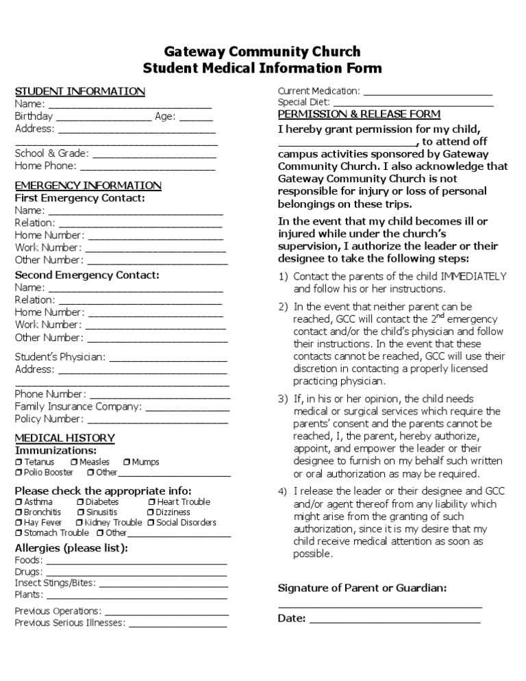 Gateway Church Student Medical Form | PDF | Medical Specialties | Medicine