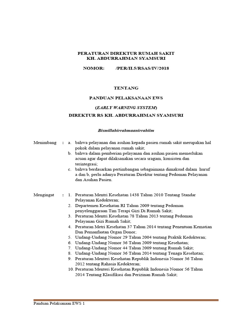 Panduan Pelaksanaan EWS Rumah Sakit | PDF