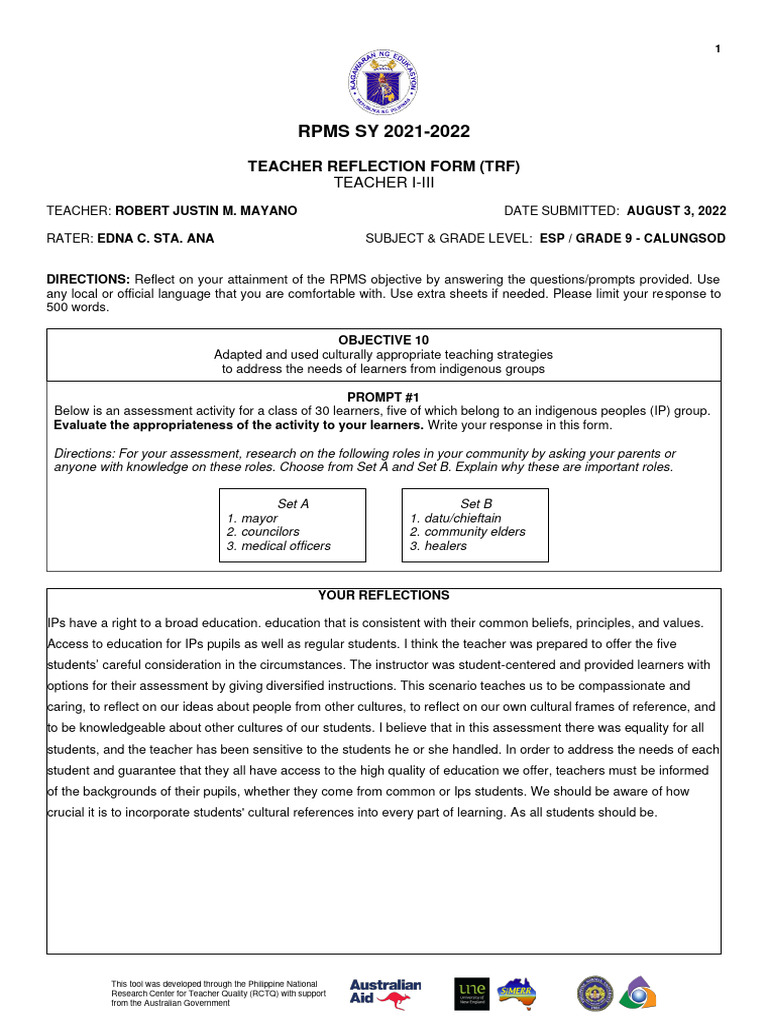 Appendix 4A Teacher Reflection Form For T I III For RPMS SY 2021 2022 | PDF | Learning | Teachers