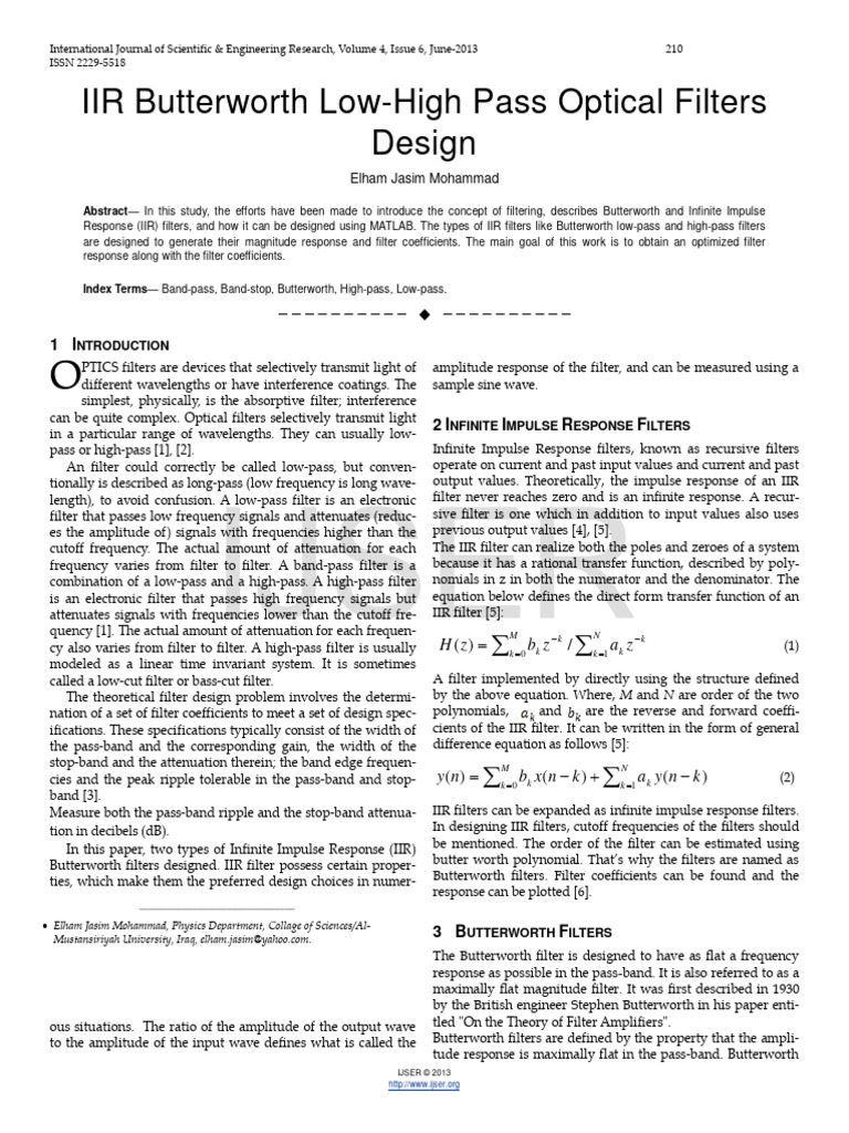 Researchpaper IIR Butterworth Low High Pass Optical Filters Design ...