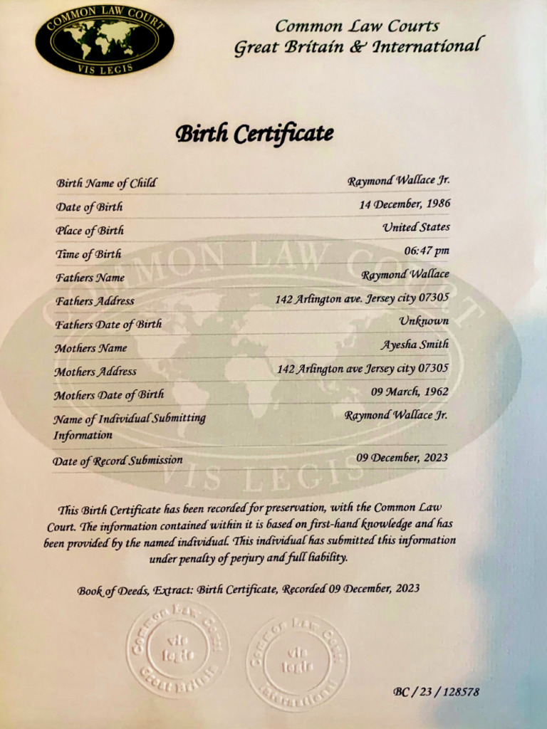 Ar Common Law Birth Certificate | PDF