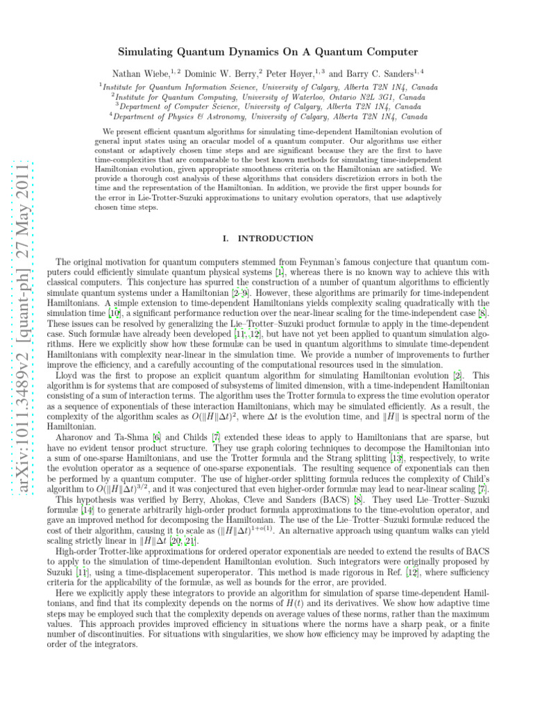 2010 - Arxiv1011.3489 - Wiebe Et Al | PDF | Matrix (Mathematics) | Quantum Computing