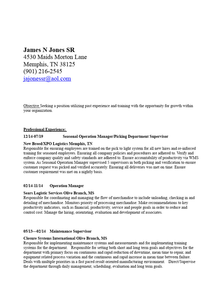James Jones SR Resume | PDF | Logistics | Business