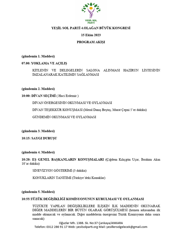 Yeşi̇l Sol Parti̇ 4.olağan Büyük Kongre Program Akişi | PDF