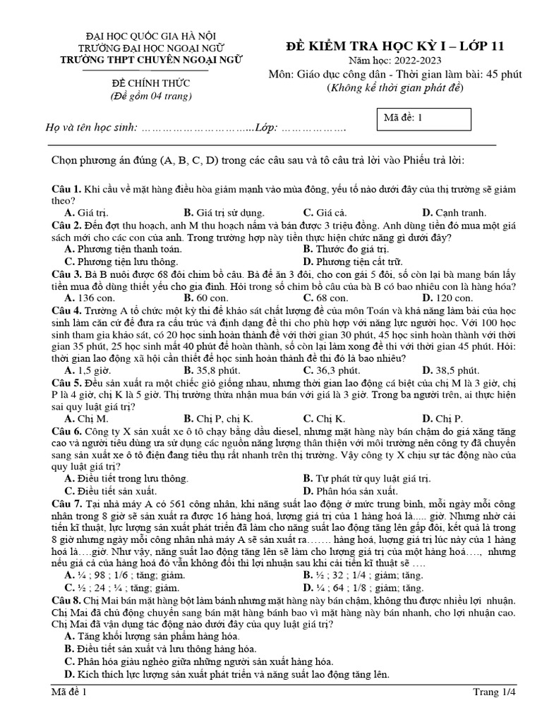 Đề Kiểm Tra Học Kỳ i Lớp 11 Gdcd 2022-2023 Md1 | PDF