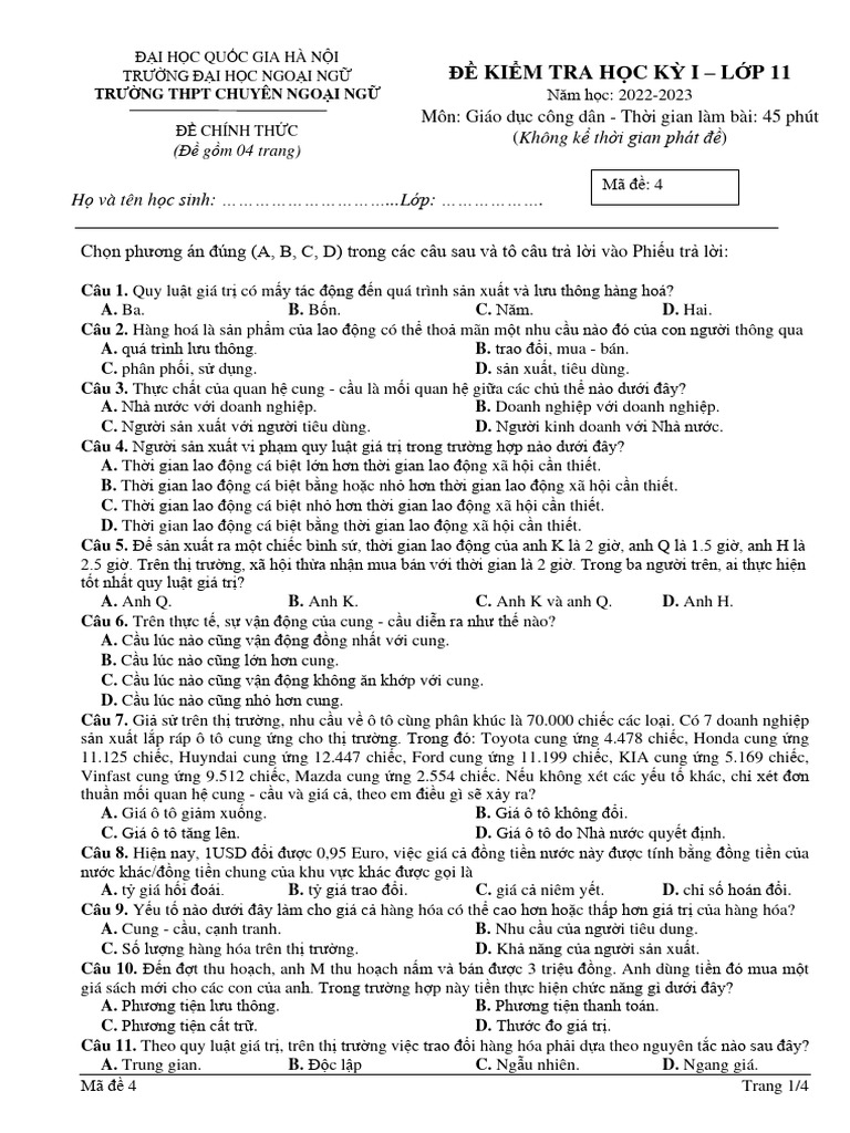 Đề Kiểm Tra Học Kỳ i Lớp 11 Gdcd 2022-2023 Md4 | PDF