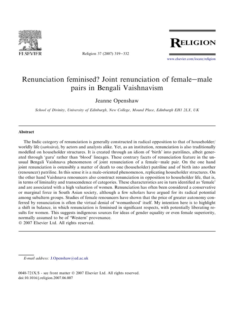 Openshaw - 2007 - Renunciation Feminised | PDF | Vaishnavism | Bhakti