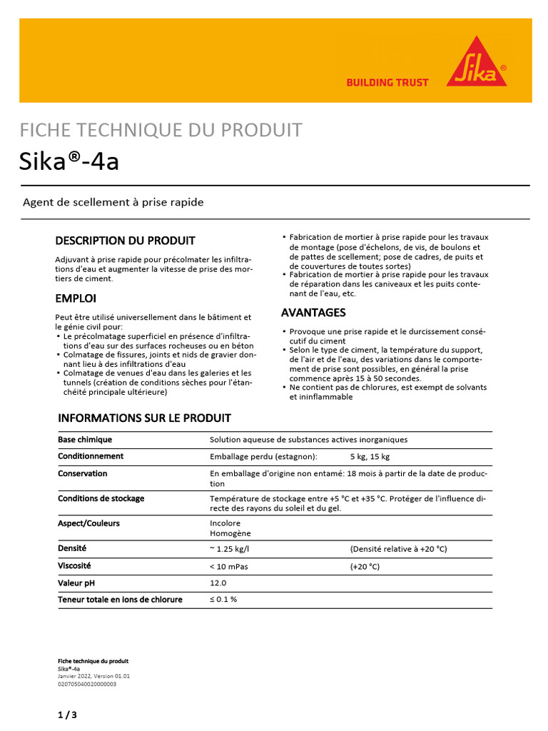 Fiche technique Sika®-4a | PDF | Ciment | Mortier (matériau)