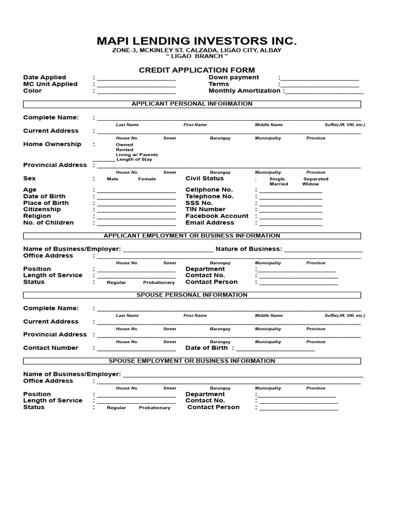 Ligao Branch Credit Application Form | PDF | Financial Services ...