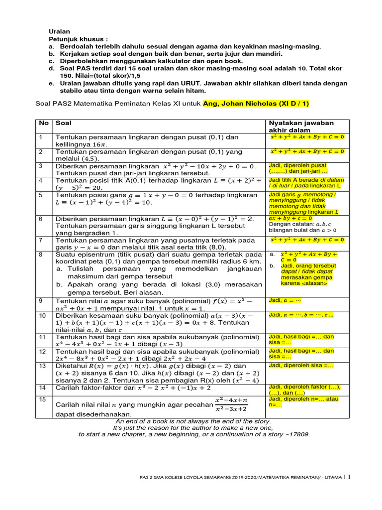 PAS 2 XI D MatPeminatan Form Rumusan Soal Utama | PDF
