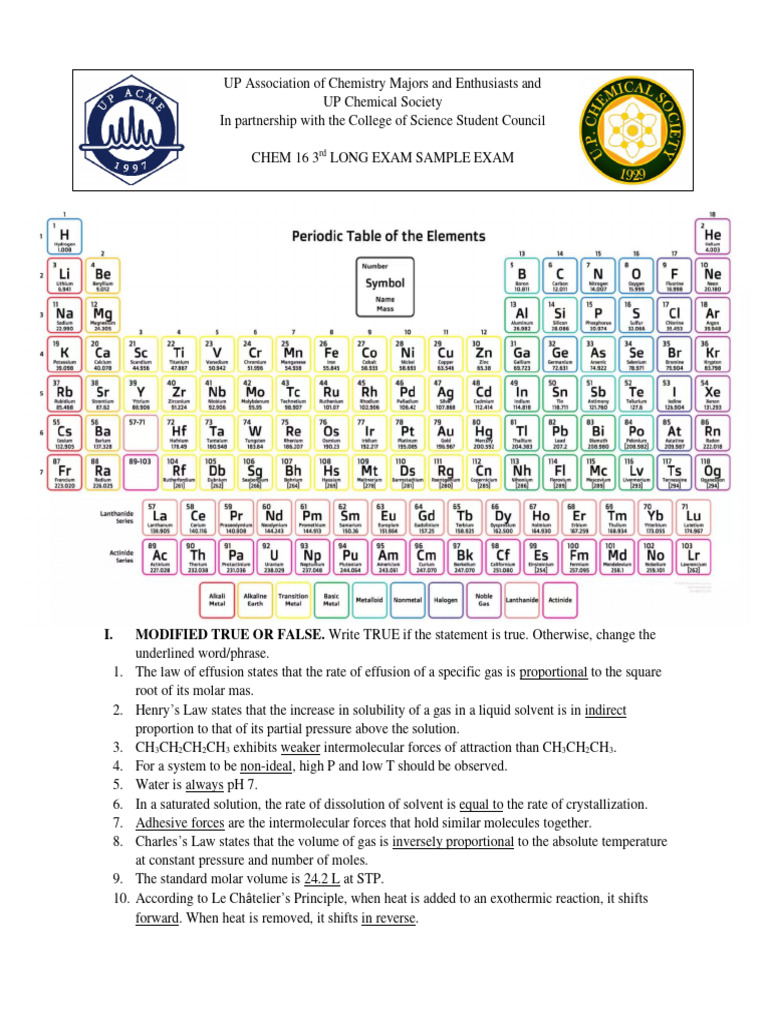 [CHEM 16] LONG EXAM 3 REVIEWER A | PDF | Gases | Solubility