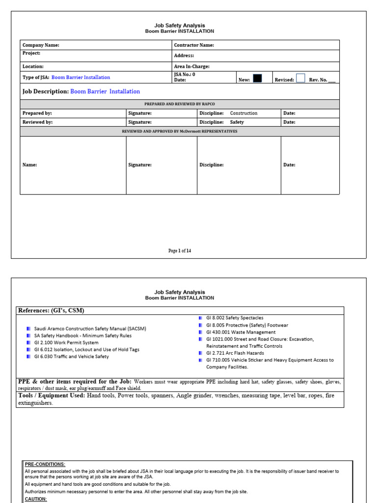 JSA-Boom Barrier INSTALLATION | PDF | Waste | Personal Protective Equipment