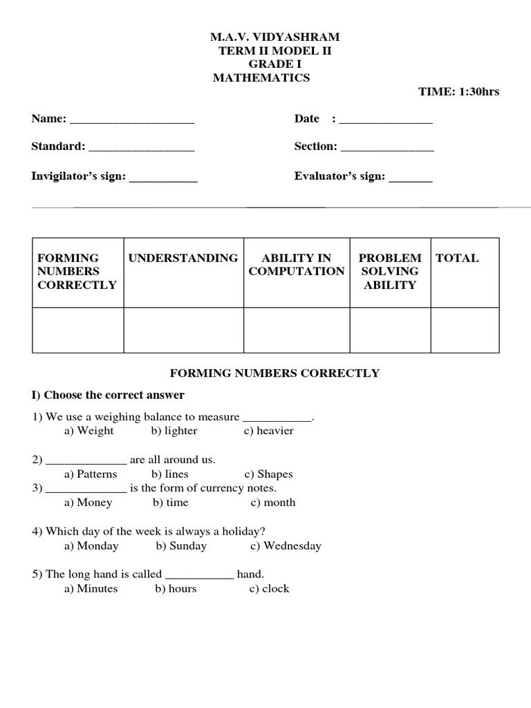Term 2 Grade 1 Model II QP | PDF