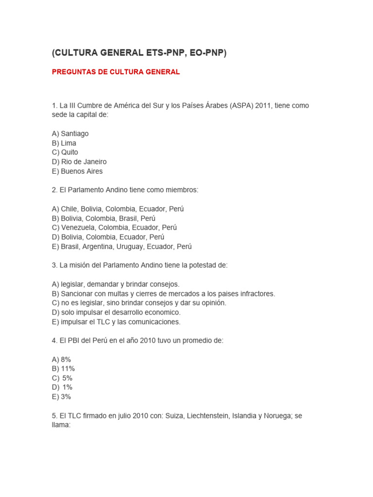 Preguntas de Cultura General | PDF | Perú | América del Sur