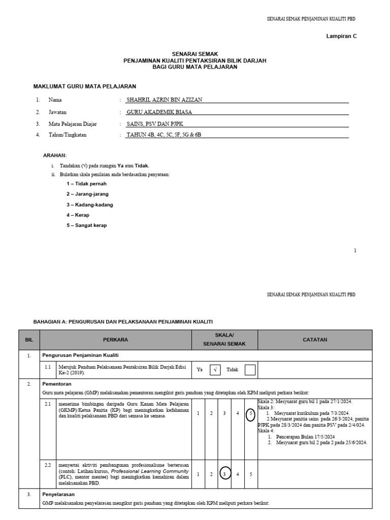 Senarai Semak Lampiran (C) Guru Subjek. | PDF
