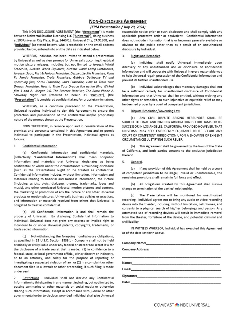 Universal Studios NDA for Presentation | PDF | Trade Secret | Non ...