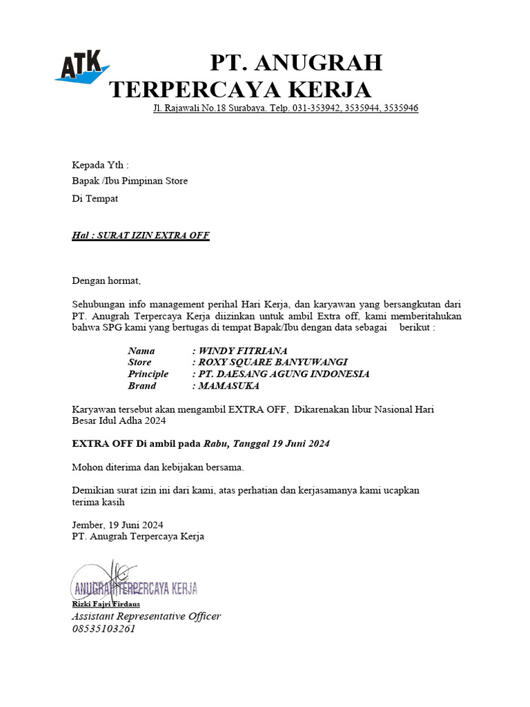 Surat Izin Extra Off Karyawan SPG | PDF