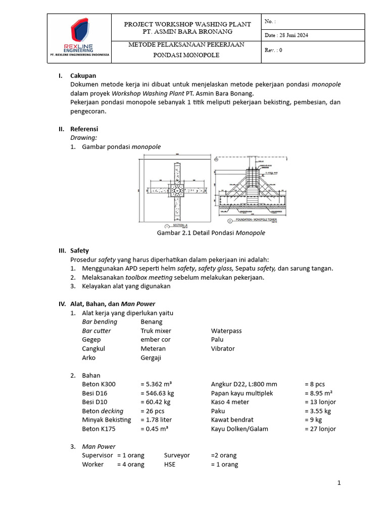 Metode Kerja Pekerjaan Pondasi Monopole | PDF | Teknologi & Rekayasa