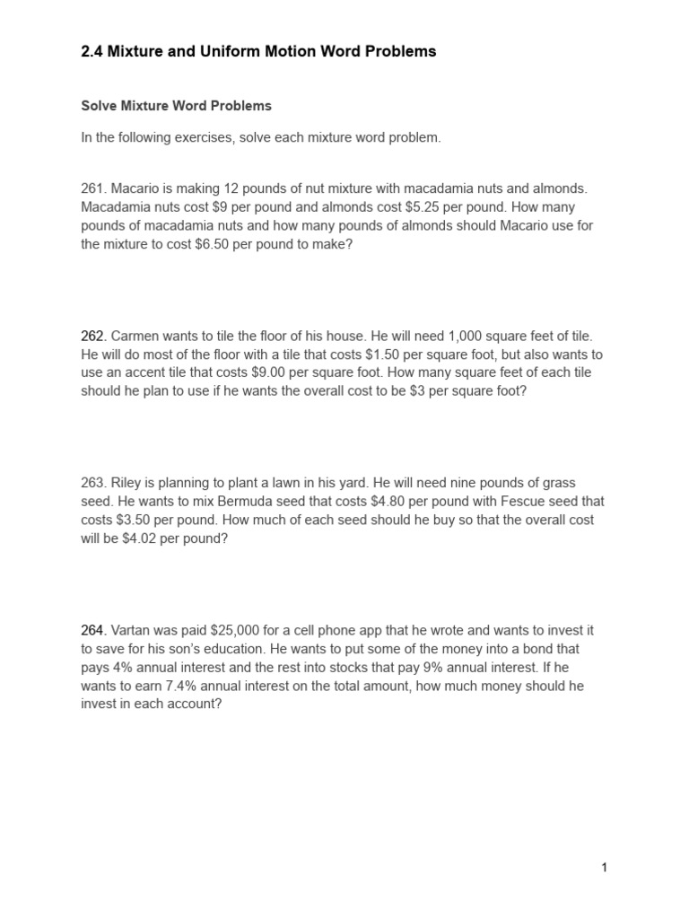 2.4 Mixture and Uniform Motion Word Problems | PDF | Interest | Speed