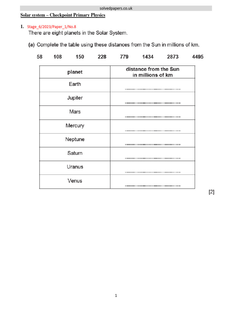 2023 2 Solar System Checkpoint - Primary Physics Progression Stage 6 | PDF