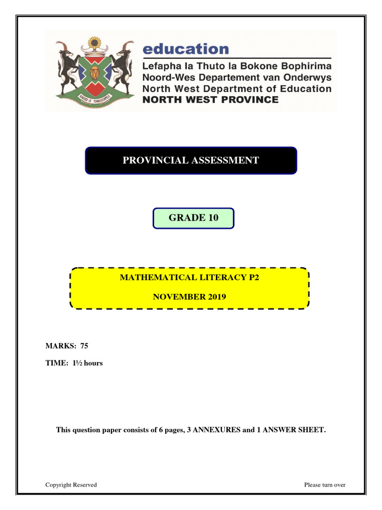 NW NSC GR 10 Maths Lit P2 Eng Nov 2019 | PDF