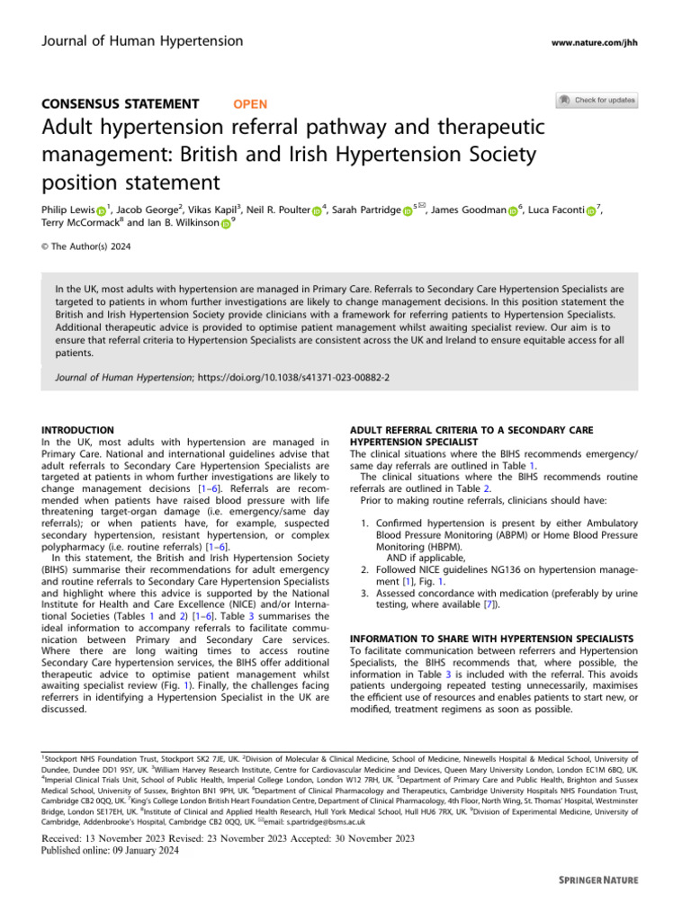 Hypertension Referral Guidelines UK & Ireland | PDF | Hypertension ...