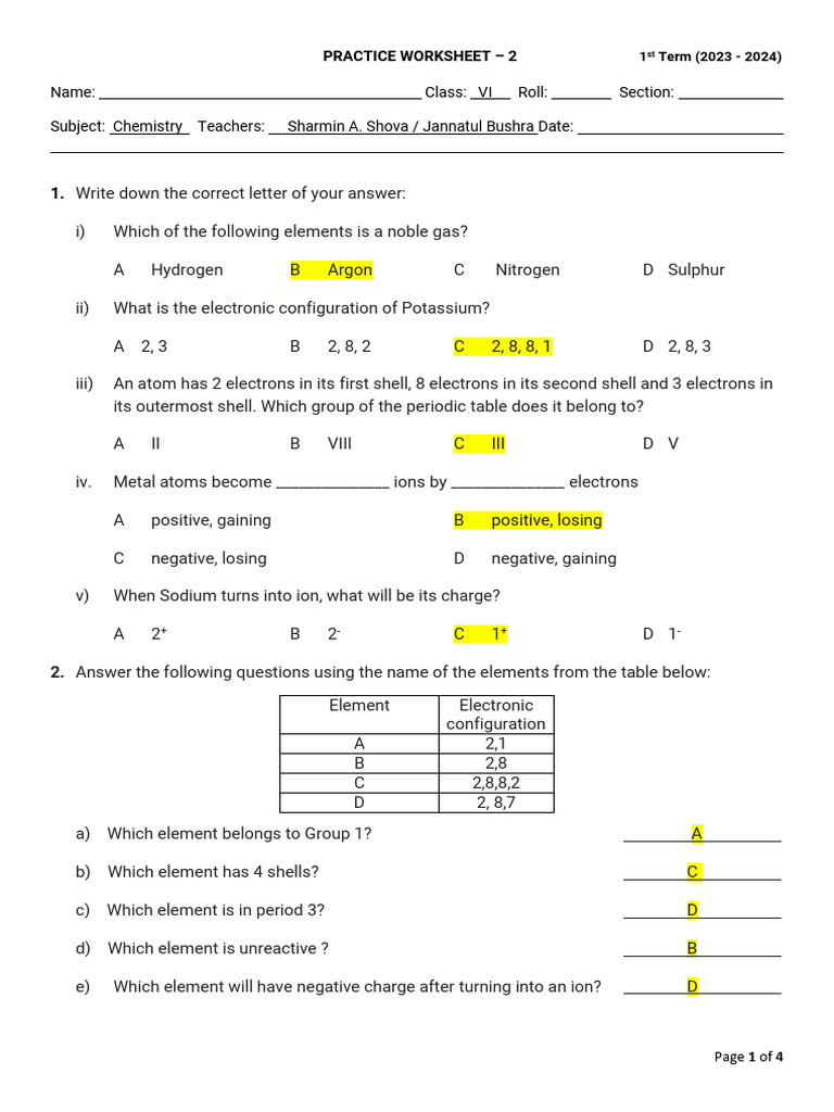 Chemistry Practice Worksheet for VI | PDF | Ion | Atoms