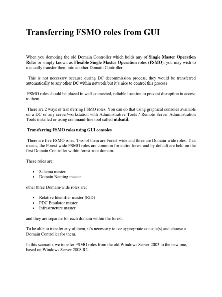 Transferring FSMO Roles From GUI | PDF | Active Directory | Computer Engineering