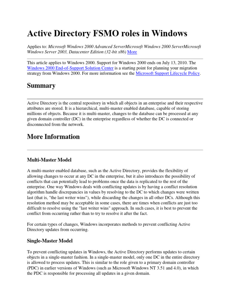 Active Directory FSMO Roles in Windows | PDF | Active Directory ...