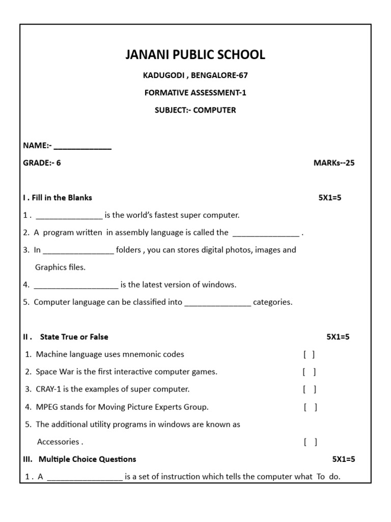 6th Computer Question Paper | PDF | Computer Program | Programming