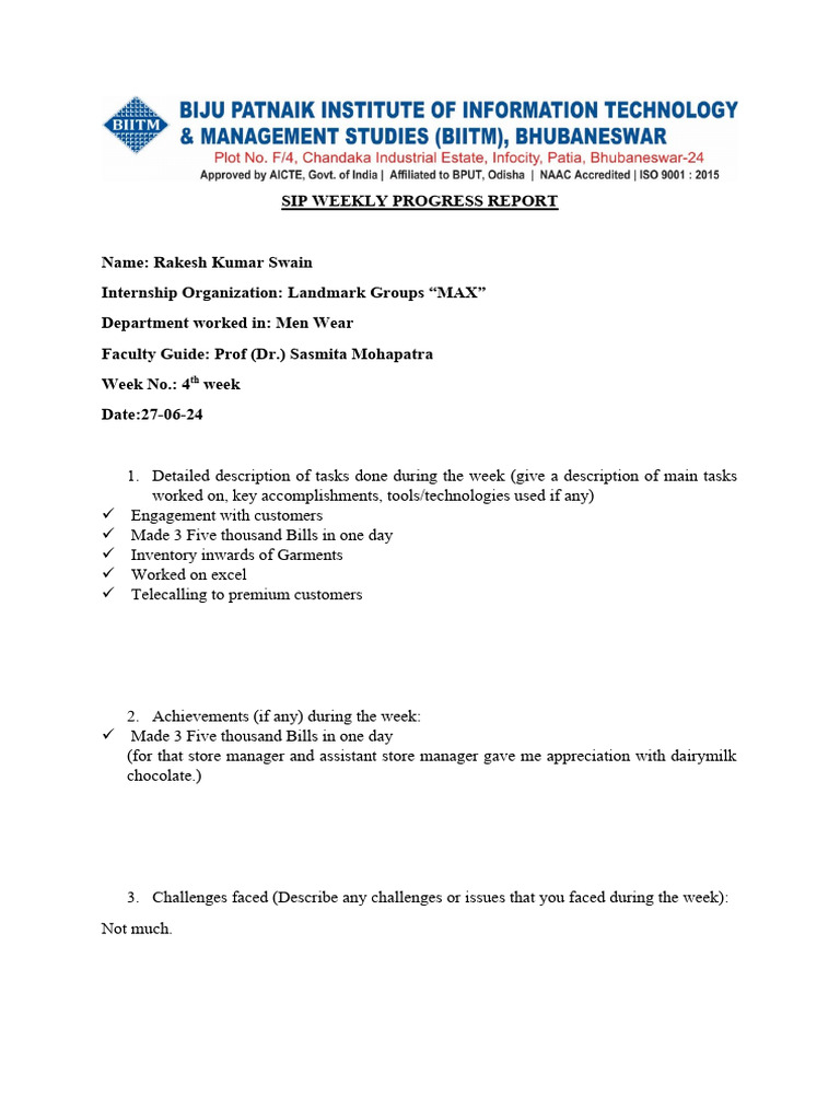 SIP Weekly Progress Report | PDF | Career & Growth