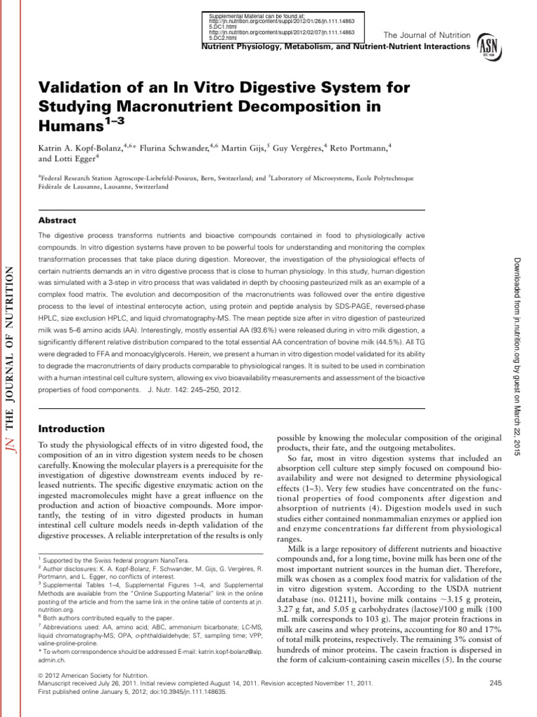 In Vitro Digestion Model for Milk Nutrients | PDF | Digestion | Human ...