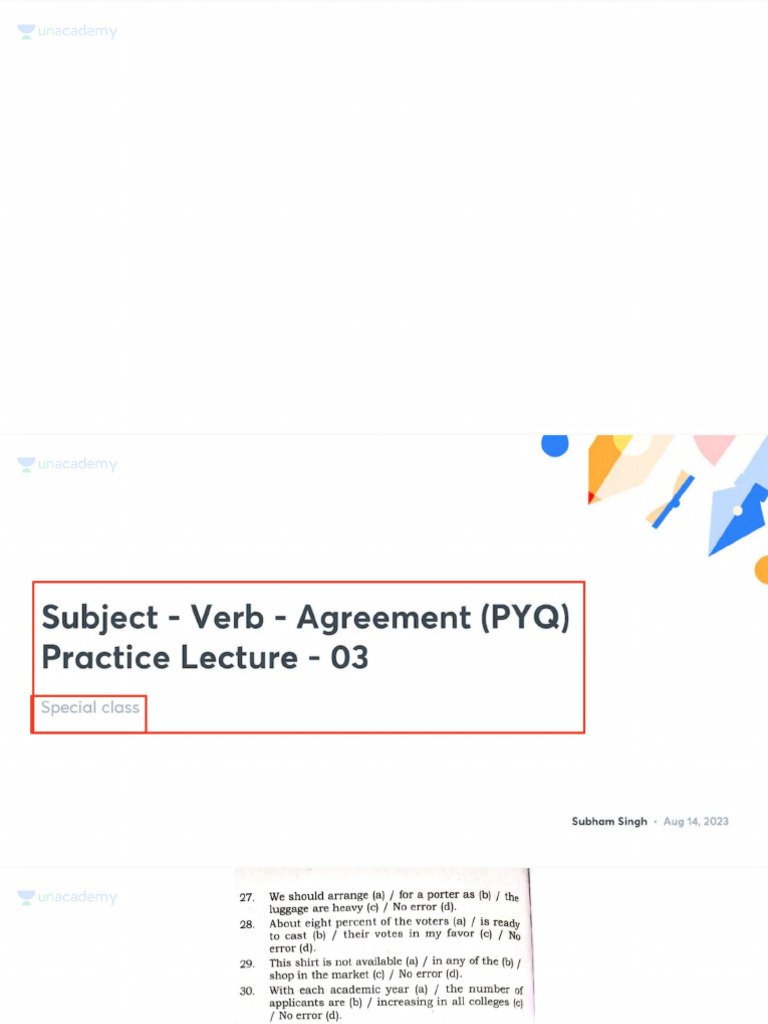 Subject Verb Agreement PYQ Practice Lecture 03 With Anno | PDF