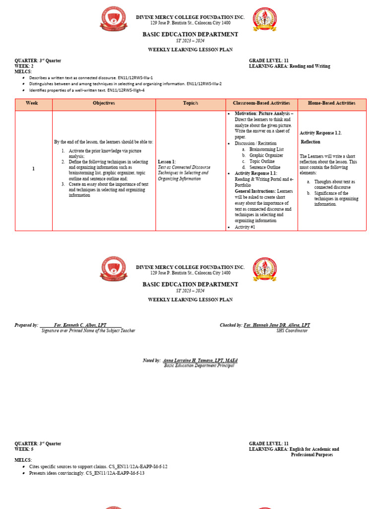 Grade 11 Weekly Learning Plans | PDF | Lesson Plan | Learning