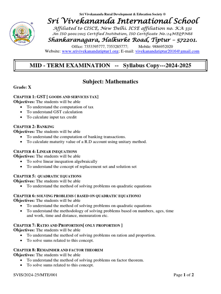 Maths Grade 10 Mid Term Examination Syllabus | PDF | Equations ...