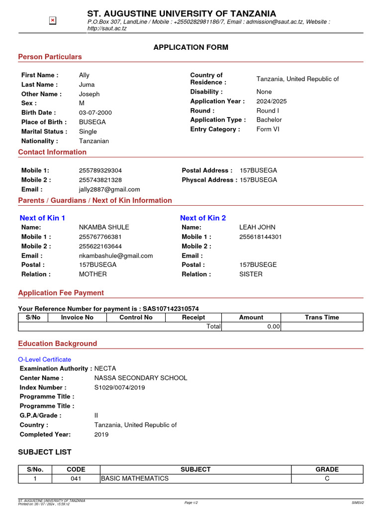 St. Augustine University Application Form | PDF | Educational Stages
