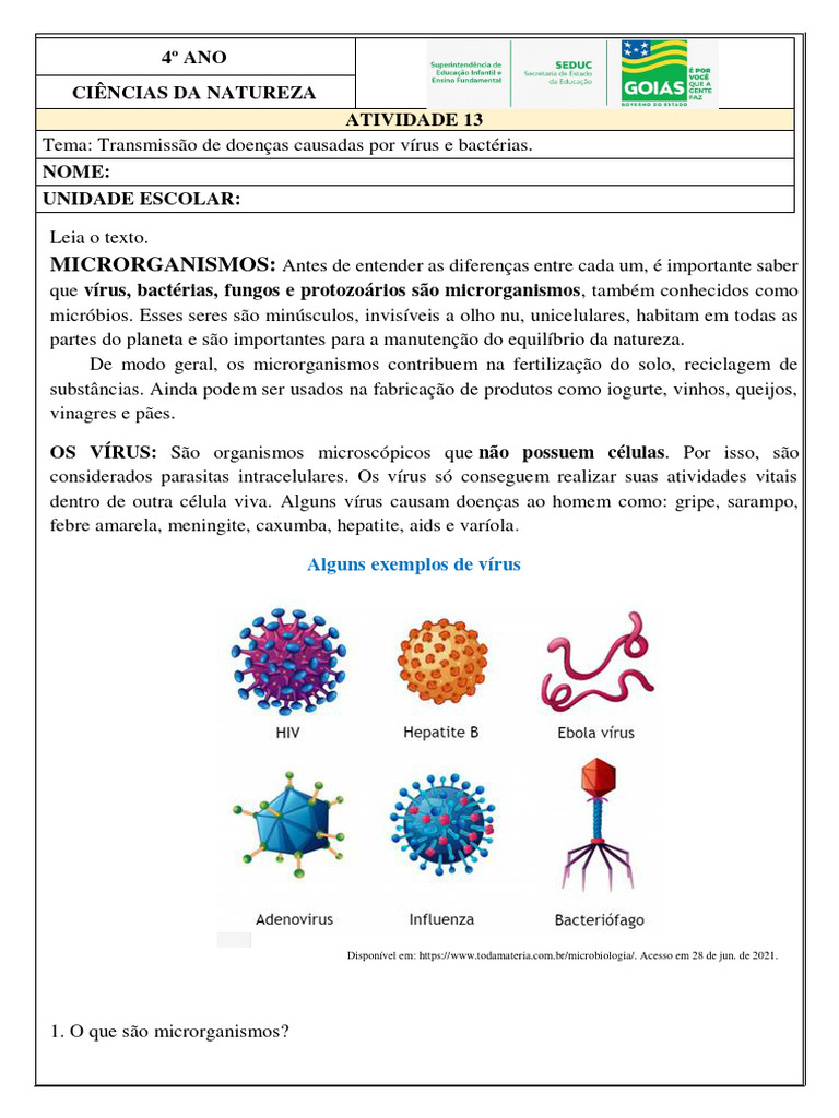 Atividade 13 4 o Ano Ciencia Da Natureza Tema Transmissao de Doencas ...