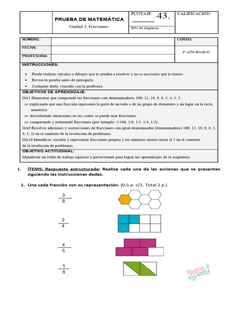 Prueba - Fracciones 4 Basico | PDF | Matemáticas | Cognición