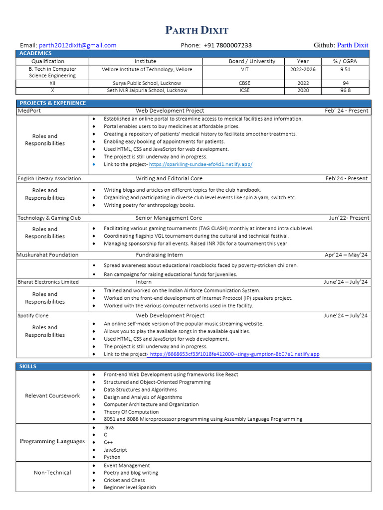 Parth Dixit CV NEW | PDF | Web Development | World Wide Web