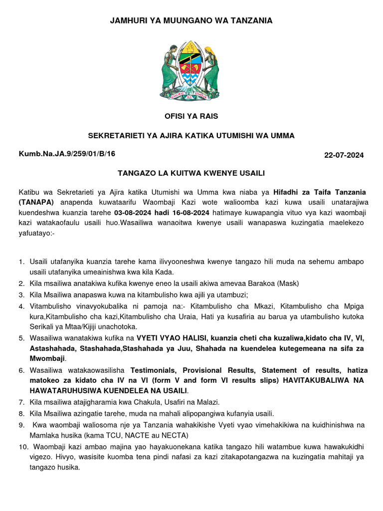 240722171623tangazo La Kuitwa Kwenye Usaili - Tanapa | PDF