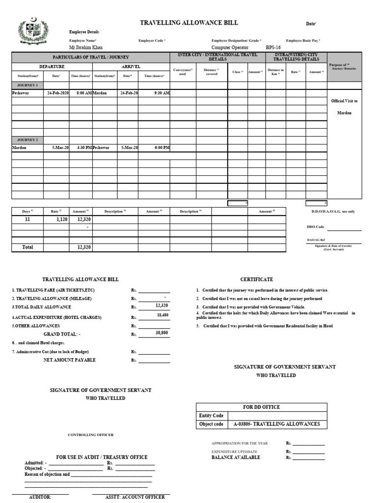 Travelling Allowance Bill Template | PDF | Audit | Expense