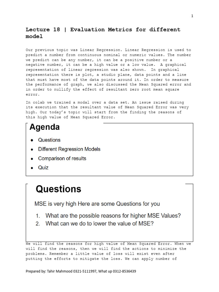 Lecture-18- Evaluation Metrics for Different Model | PDF | Mean Squared Error | Errors And Residuals